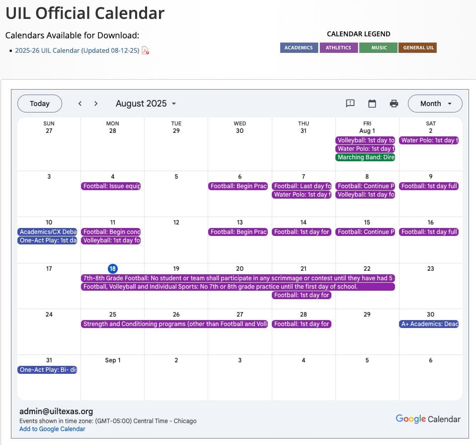 UIL Posts Updated Official SY 2025-26 Calendar - TexEdNews